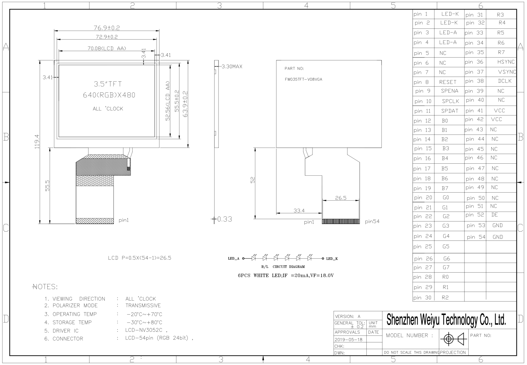 3.5" 640 RGB x 480 54 Pin TFT LCD Screen