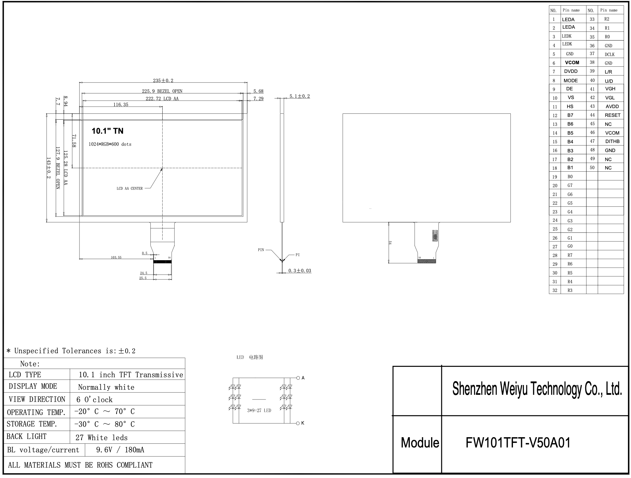 10.1" 1024(RGB) × 600 50 Pin RGB IPS LCD Display